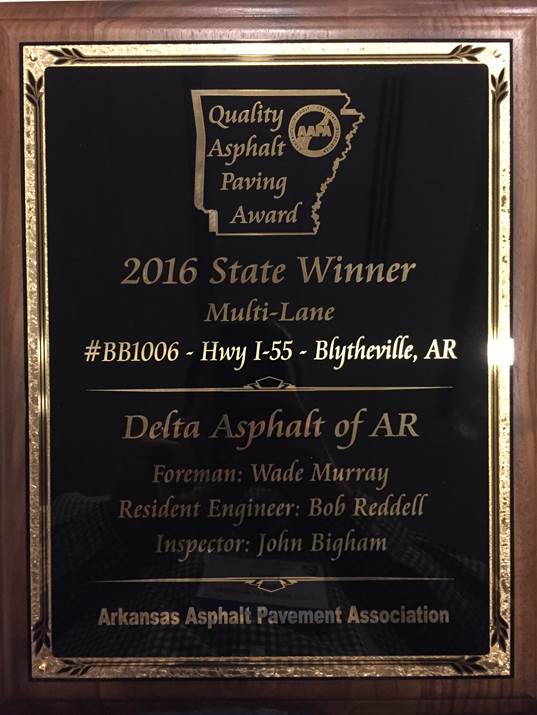 Arkansas crews earns Quality Asphalt Paving Award - Delta Companies